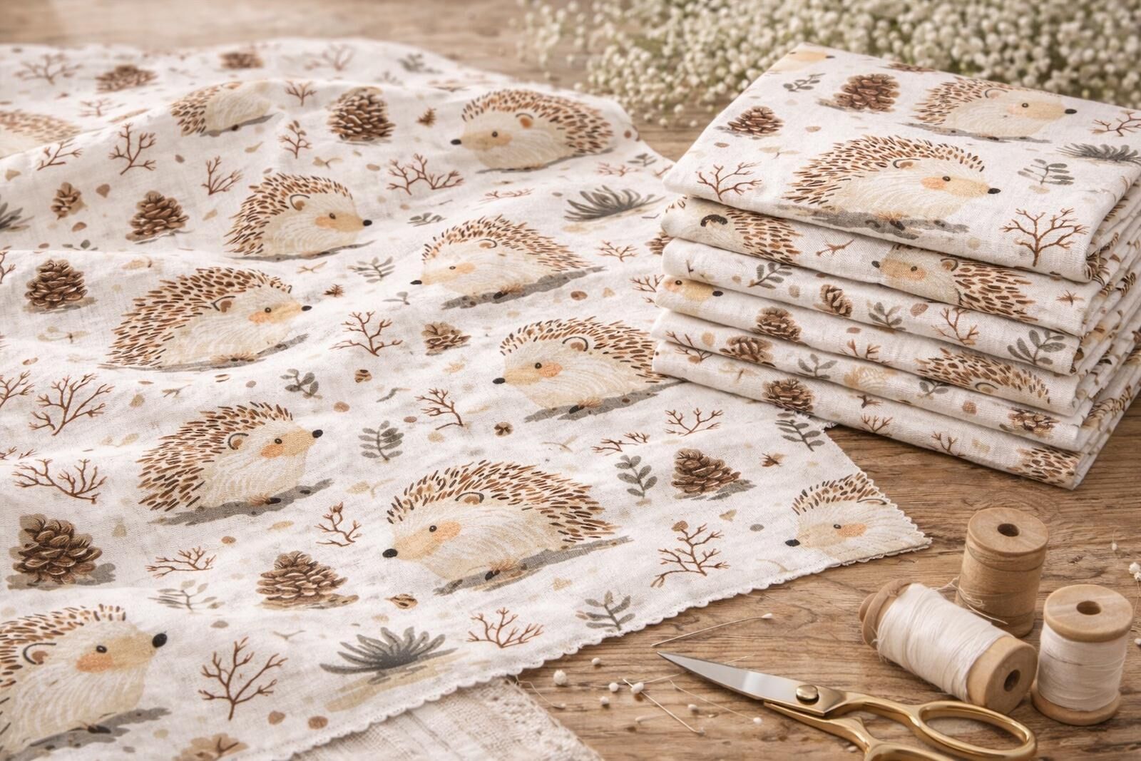 Stoff Kinderstoff Igel Waldmotiv ruhig natürlich Baumwolle