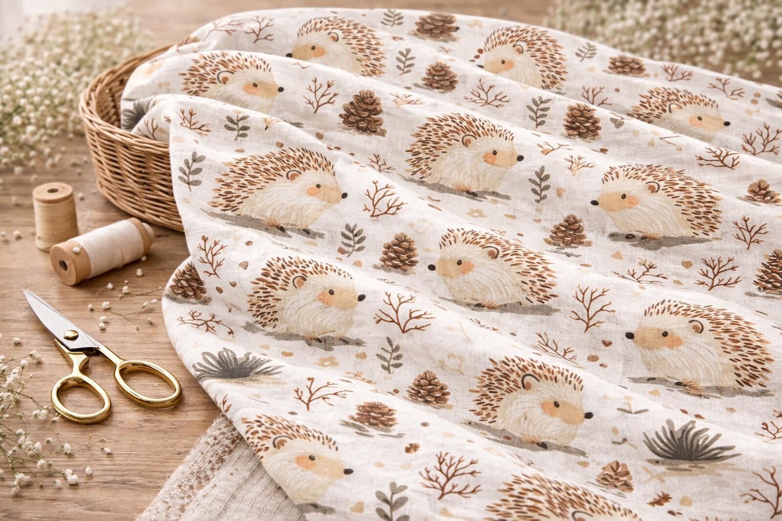 Stoff Kinderstoff Igel Waldmotiv ruhig natürlich Baumwolle