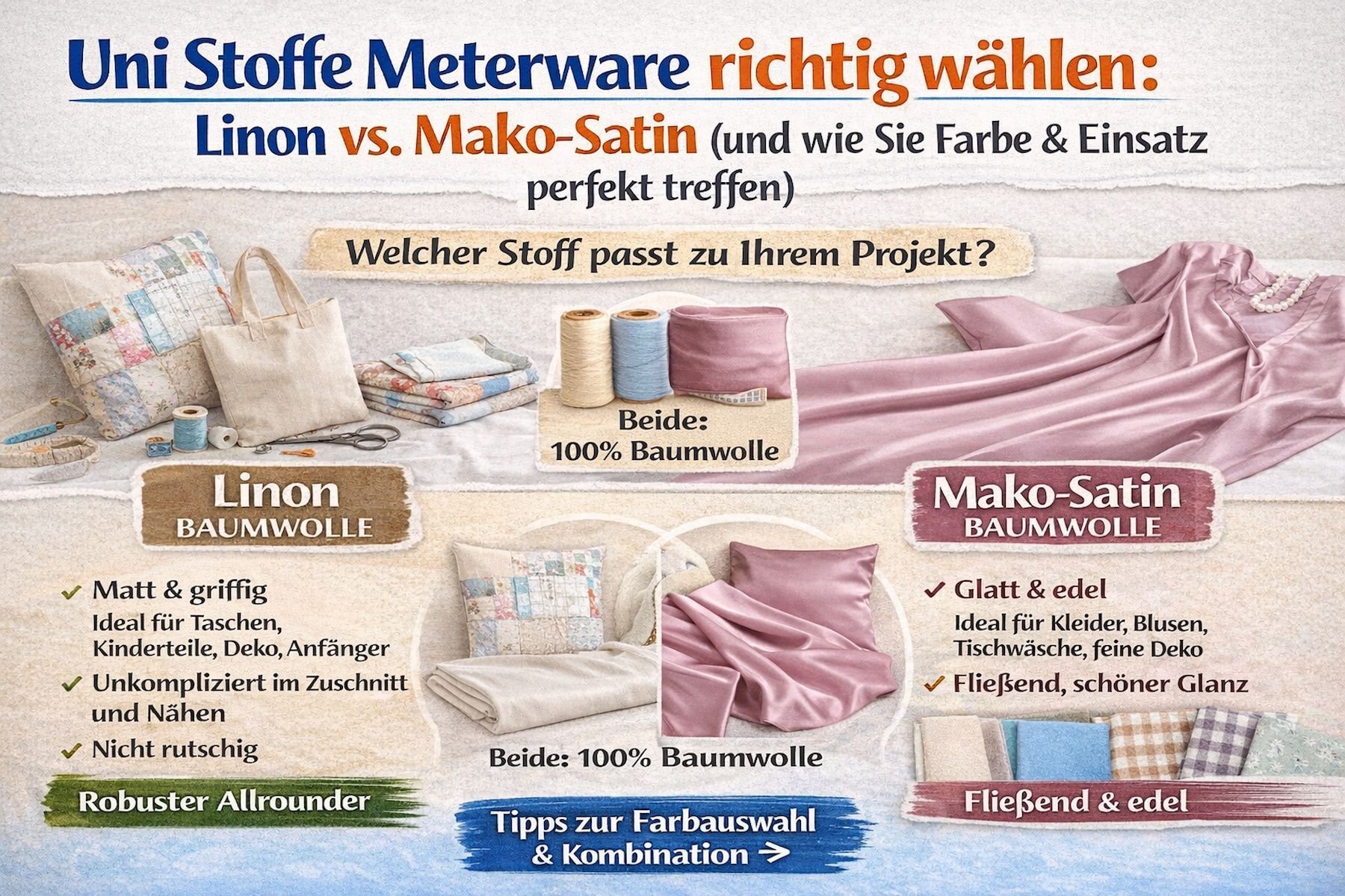 Uni Stoffe Meterware: Linon vs. Mako-Satin + Farbwahl | Ratgeber